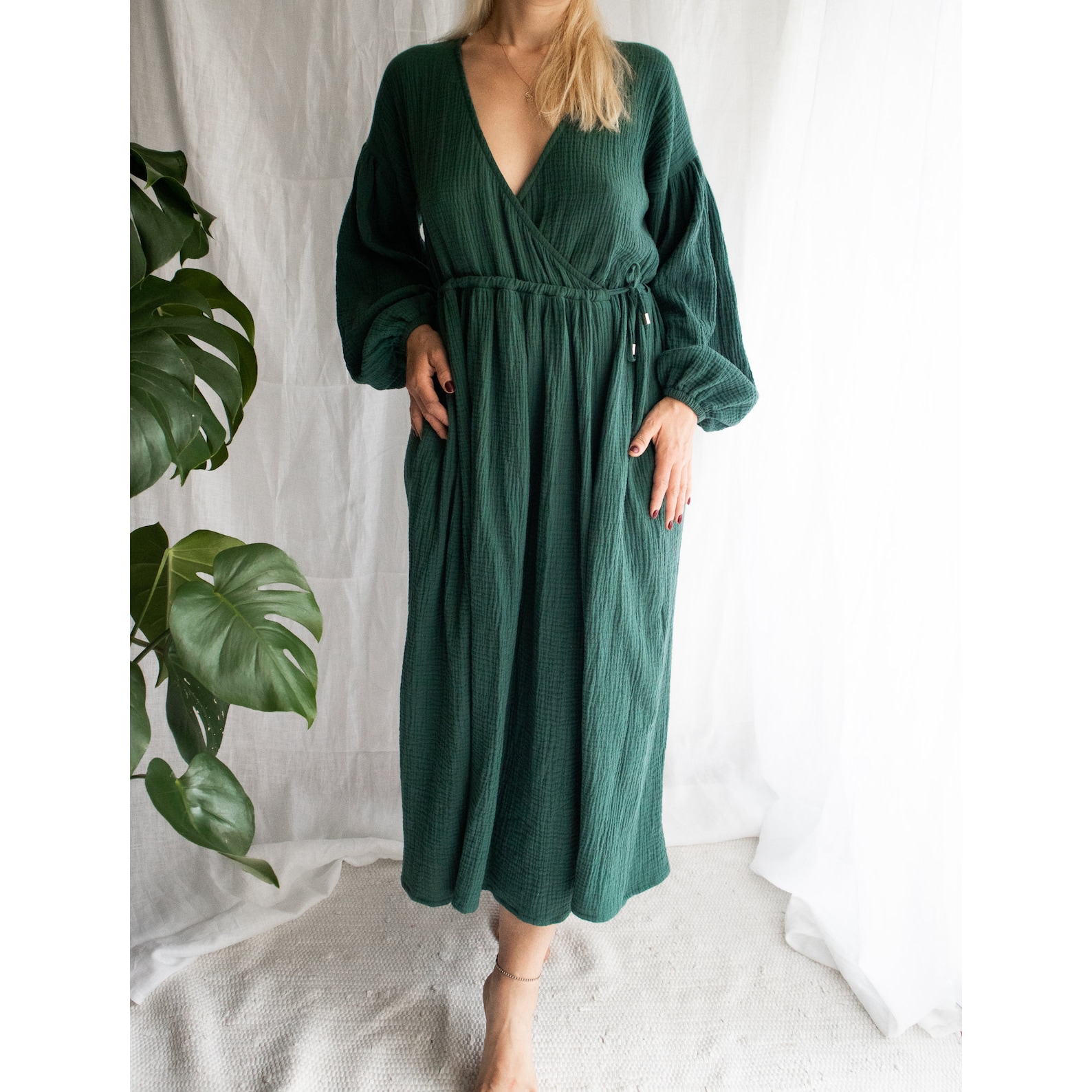 Organic Cotton Muslin Dress.loose Fit Wrap Dress With Long Puffed ...