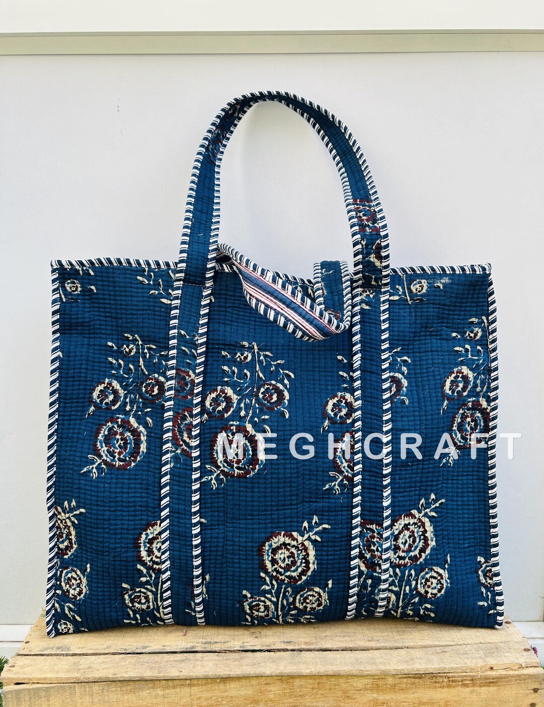 Indigo Cotton Quilted Tote Bag Shopping Travel Bag Multipurpose Market ...