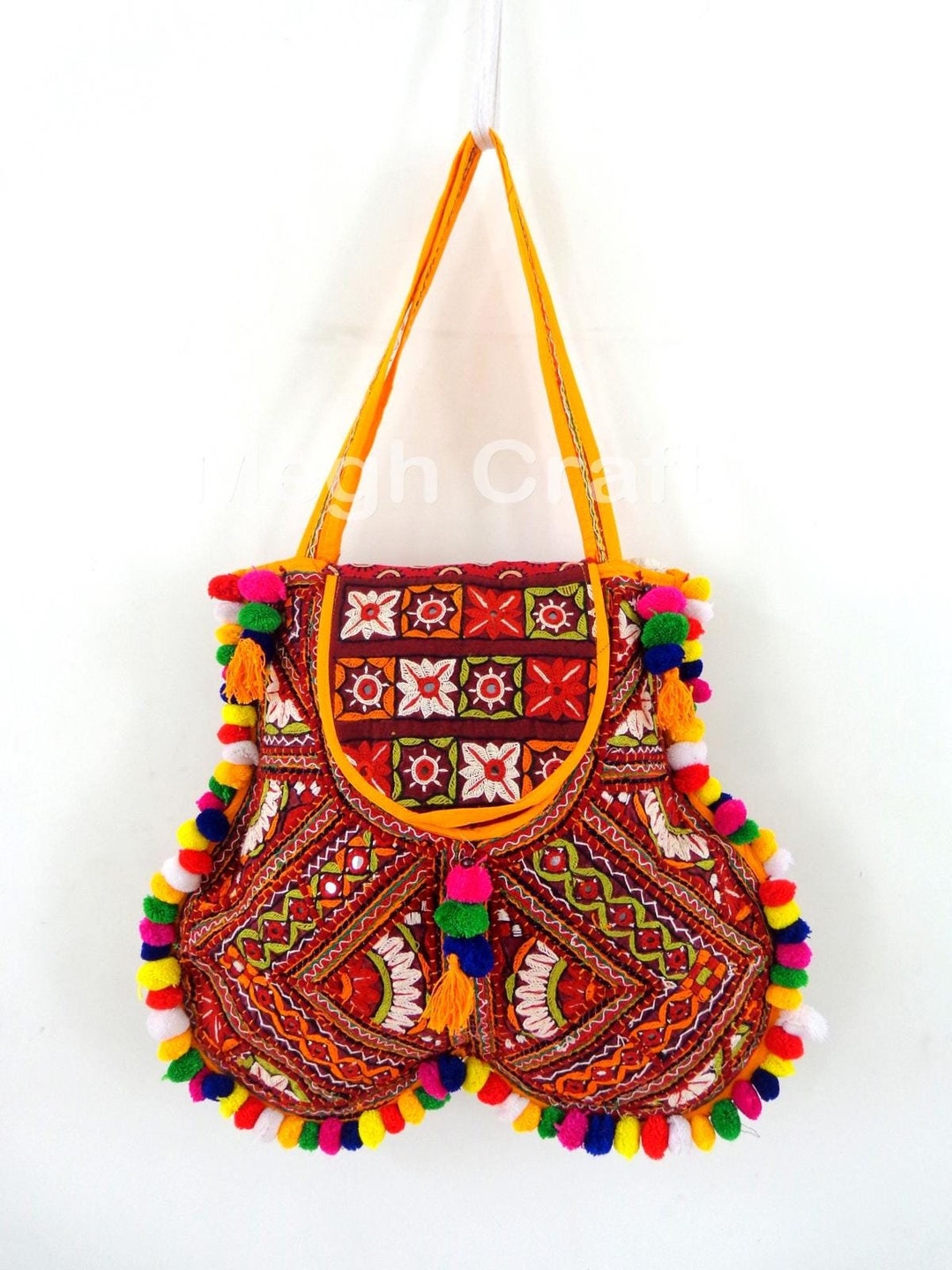 Gujarati Embroidered Tote Bag: Indian Banjara Boho Pom Pom Handbag - Etsy