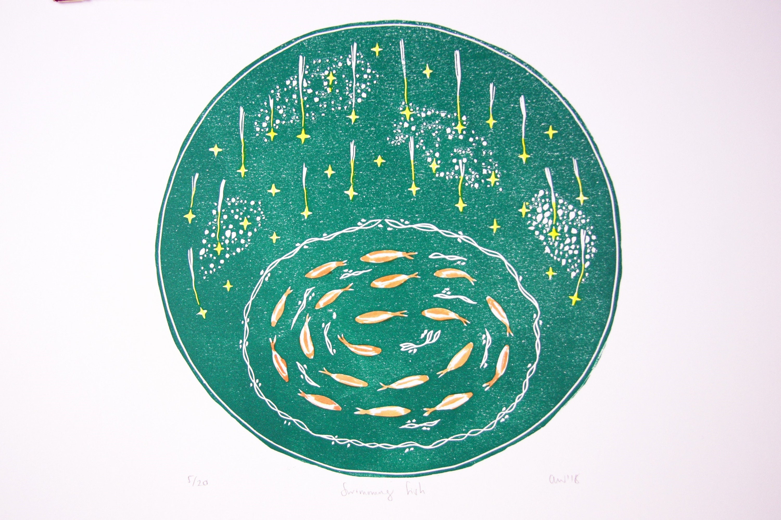 Swimming Fishes, Linocut, Fish, Stars, Printmaking