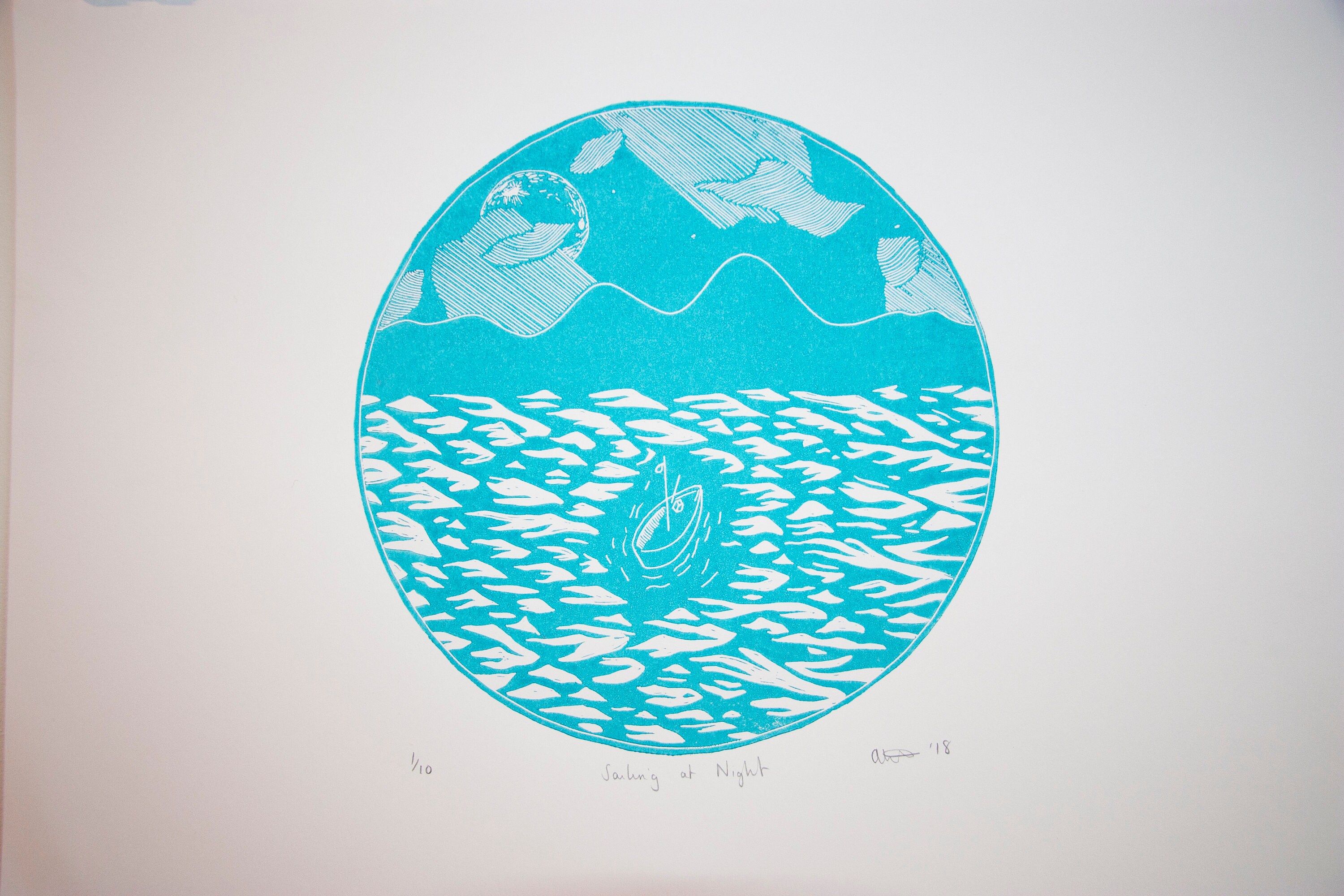 Sailing At Night, Linocut, Boat, Sea, Printmaking