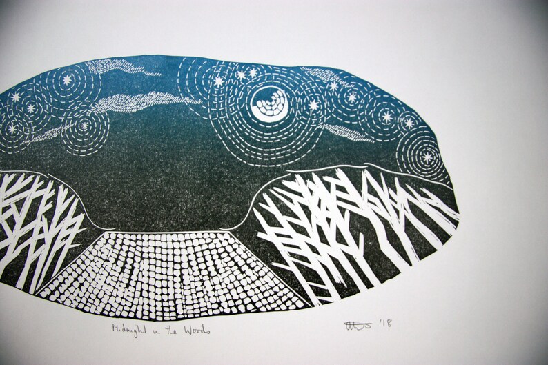 Midnight in the Woods, Linocut, Night Time, Stars, Printmaking - Etsy