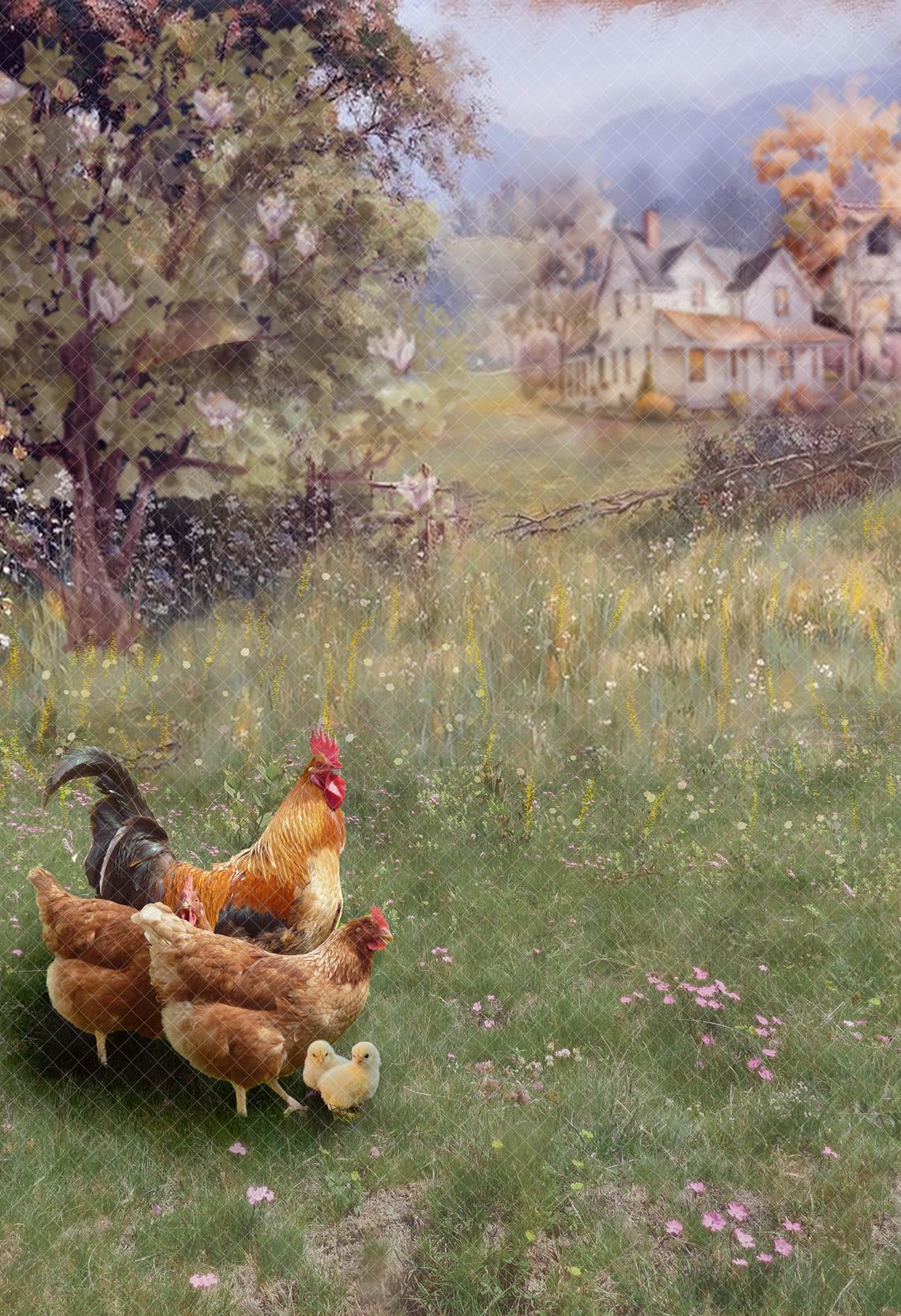 Country Farm Digital Backdrop: Wildflower Field With Chickens (13x19 ...