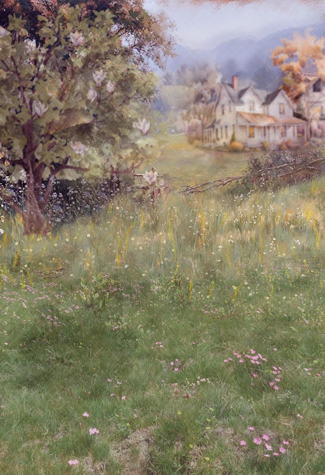 Country Farm Digital Backdrop: Wildflower Field With Chickens (13x19 ...