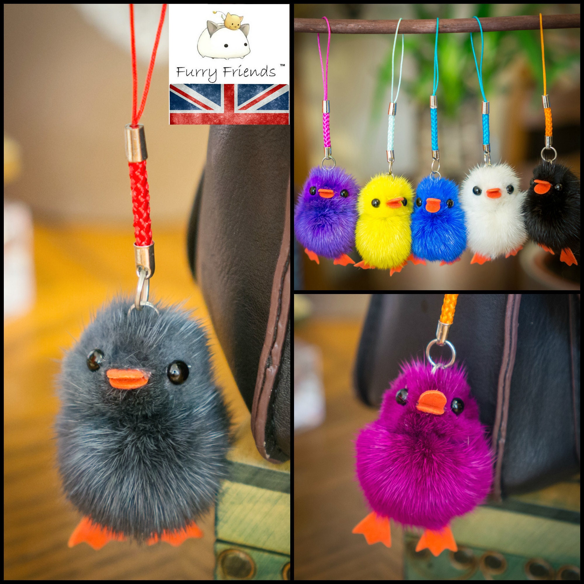 Chick Charm 5cm Mink Fur Keyring Dangle Pendant Mobile Keys Colour Soft ...
