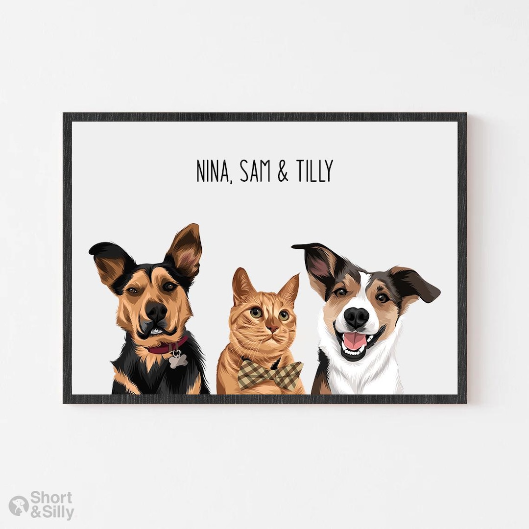 Multiple Pet Portrait | Custom 3 Pet Portrait | Pet Portrait From Photo ...