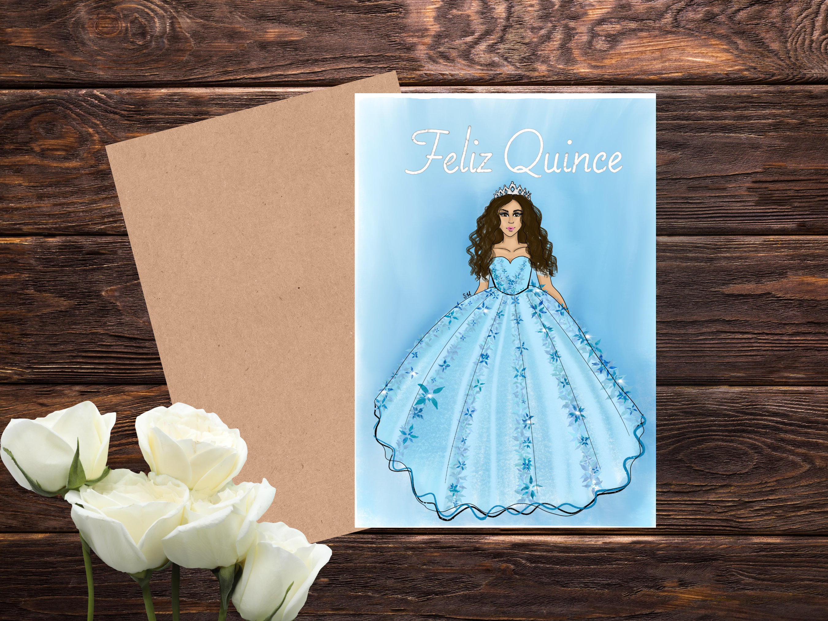 Blue Quinceañera Gown Greeting Card Printable, Feliz Quince, Spanish ...