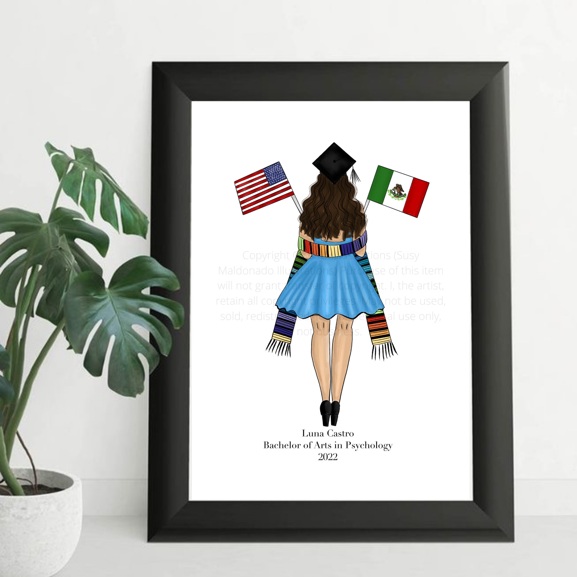 Latina Graduation Art Print, Grad With Mexican and American Flag ...
