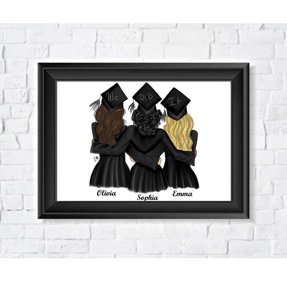 Graduation Art Print Gift Three Best Friends Fashion Illustration ...