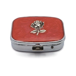 Red Rose Pill Box, Flower Mint Case, Silver Garden Medication Holder ...