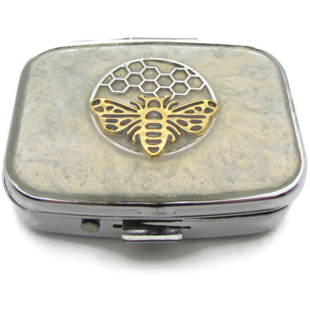 Honey Bee Pill Box, Beehive Mint Case, Champagne Colour Silver Vitamin ...