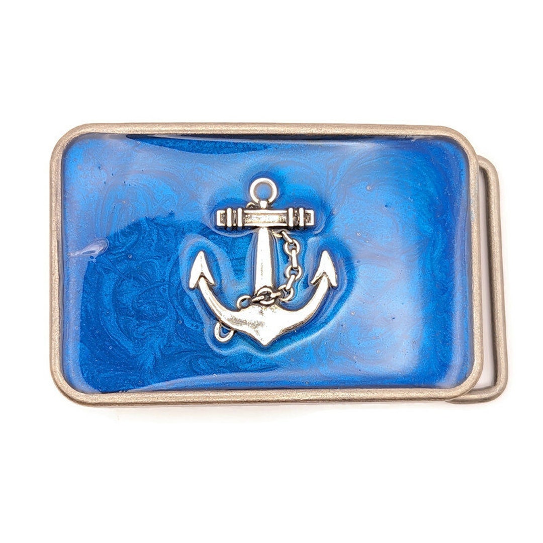 Blue & Silver Anchor Belt Buckle – Bronze Tone Nautical Resin Accessory ...