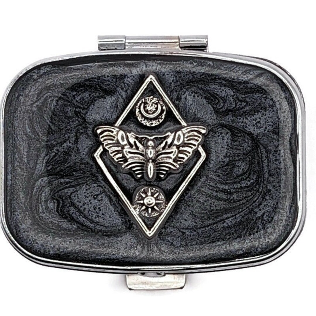 Moth Black Pill Box, Gothic Mint Case, Metallic Silver Tone Small Pill ...