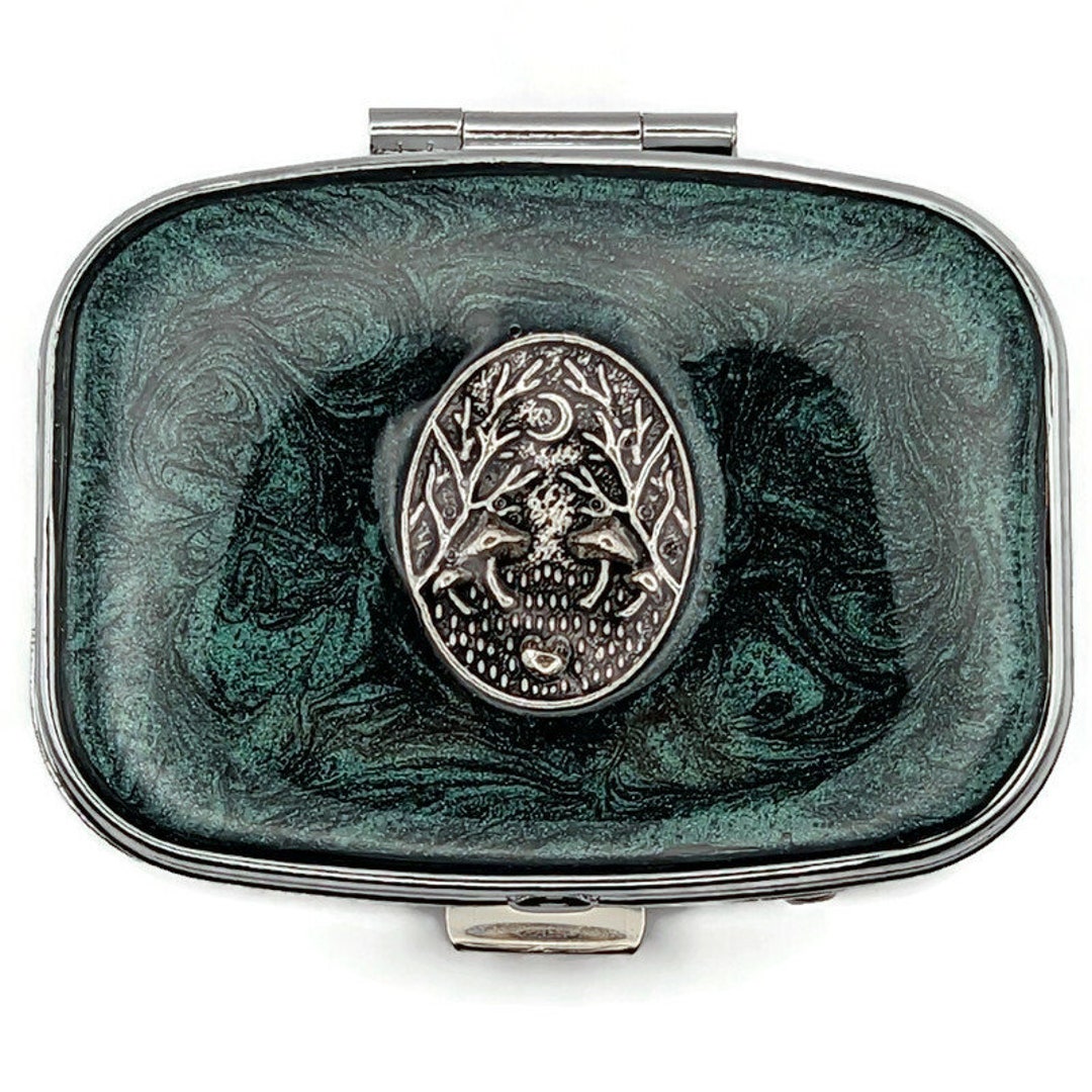 Dark Forest Moon Mushroom Pill Box, Dark Green Mint Case, Silver Tone ...