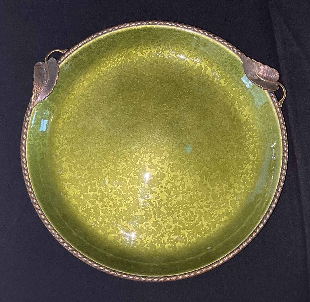 Evans Green Enameled Copper Dish With Leaves, 8 Hand Enameled Copper ...
