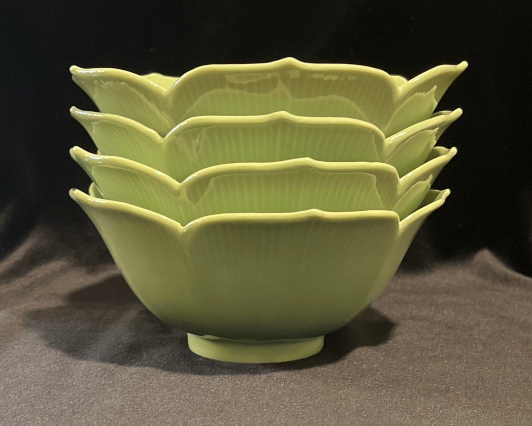 Set of 4 Green Lotus Bowls, Four 6 Pastel Green Rice Bowls, Flower ...