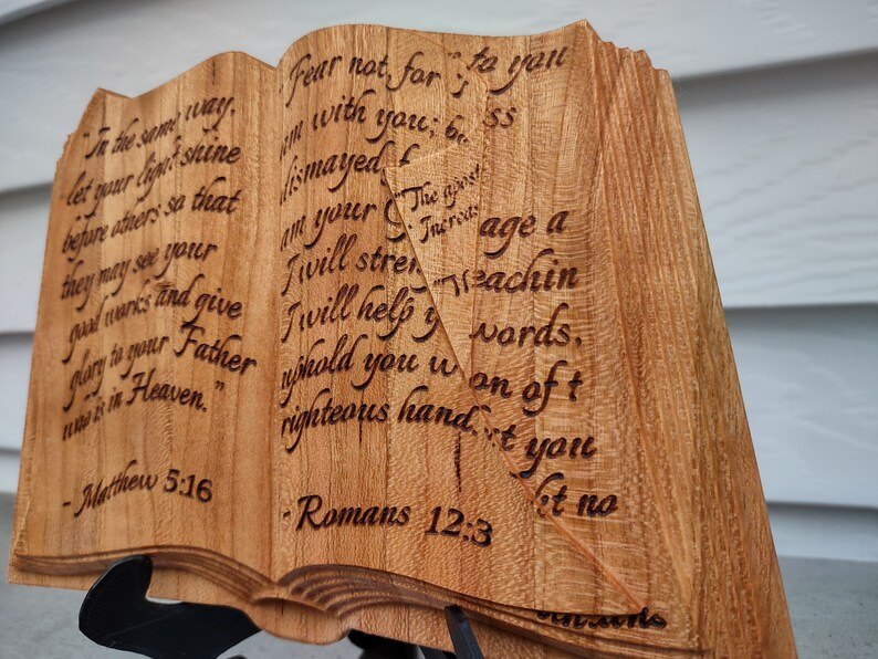 Beautiful Cherry Wood Carved Bible Book With Stand. Wood Carved Display ...