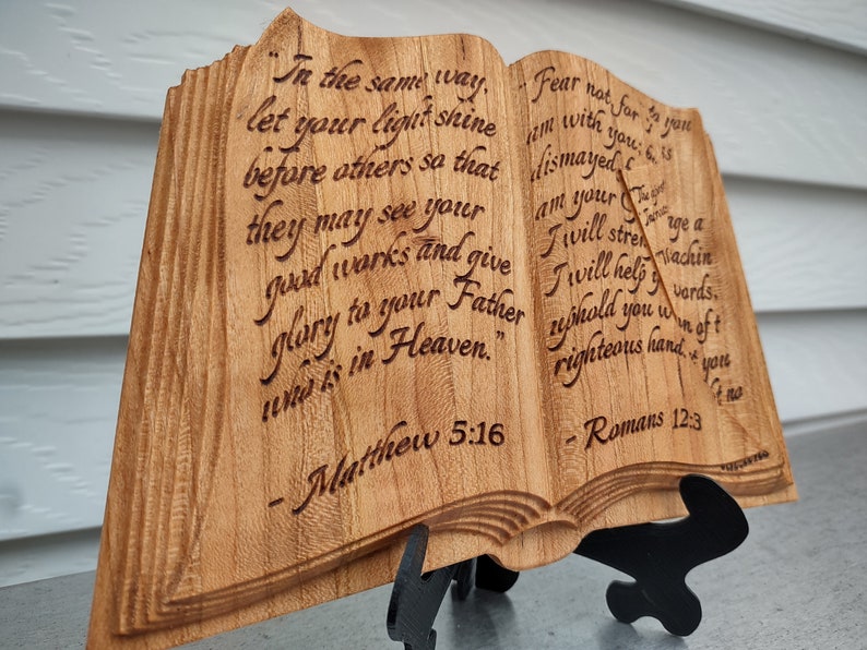 Beautiful Cherry Wood Carved Bible Book With Stand. Wood Carved Display ...