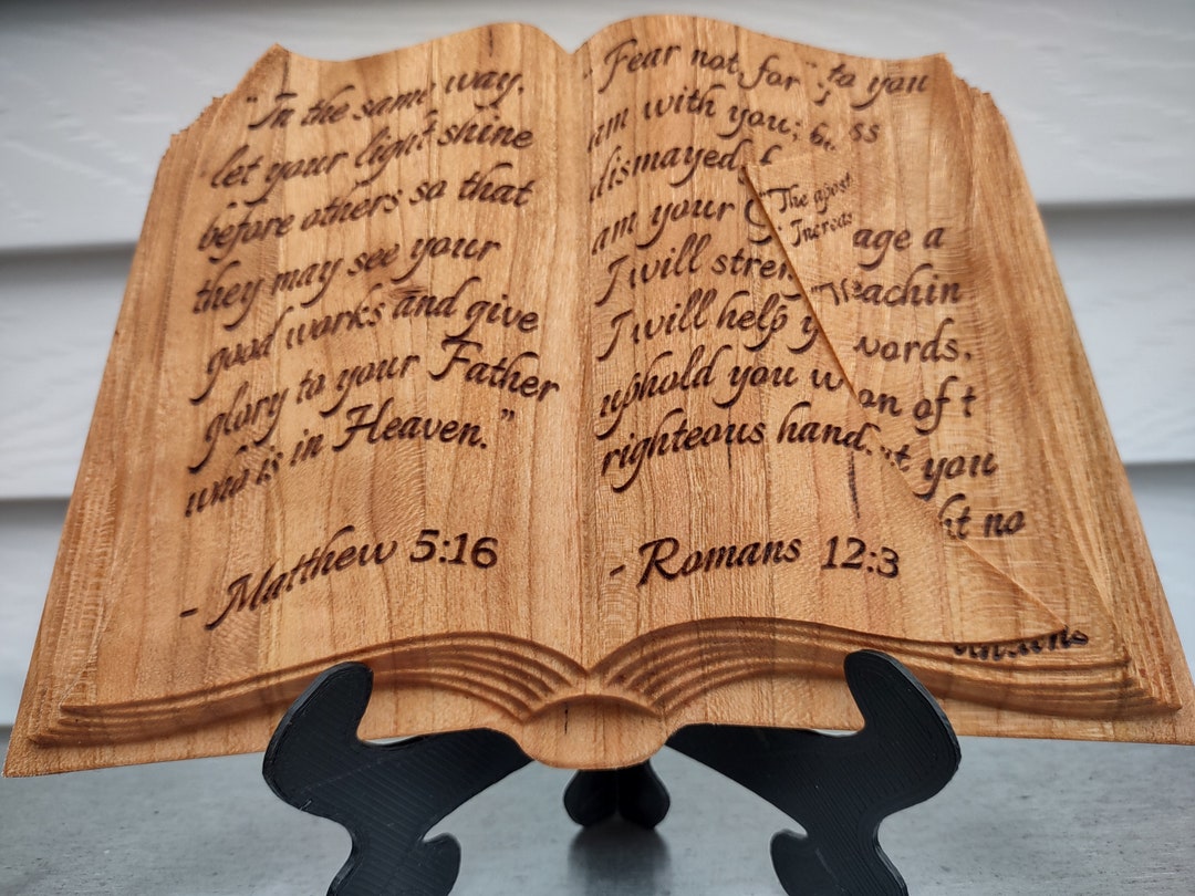 Beautiful Cherry Wood Carved Bible Book With Stand. Wood Carved Display ...