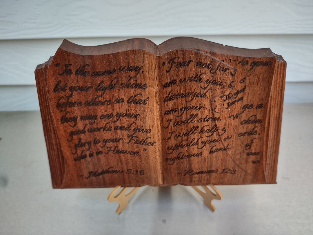 Beautiful Walnut Bible Book W/ Turning Page Appearance With Stand. Wood ...