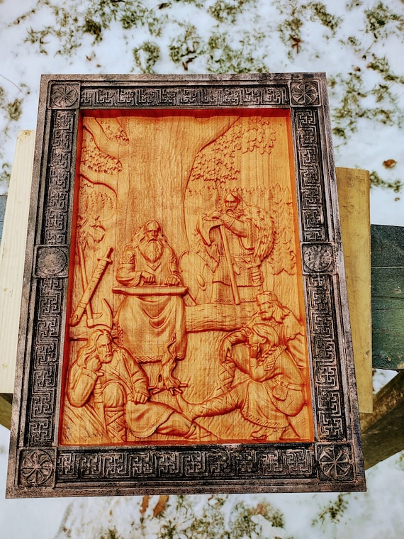 Viking High Detail Relief Wood Carving. Forest Scene With Camp | Etsy