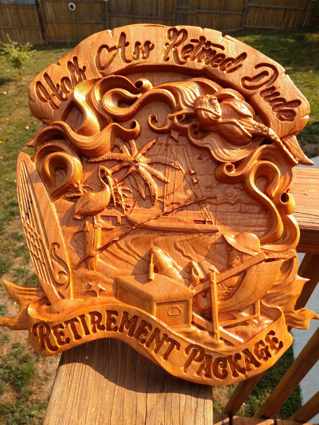 Retired Dude Retirement Package 3D Cherry Wood Carving. Relaxing Beach ...