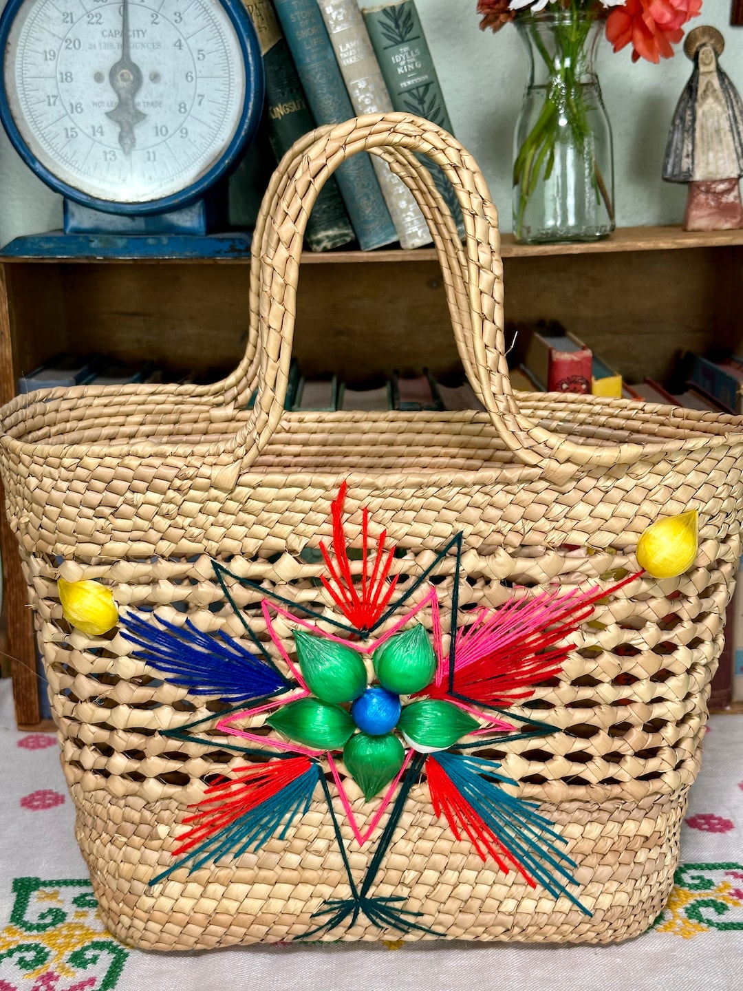 Mexican Straw Purse Embroidered With Flowers Straw Beach Bag Vacation ...