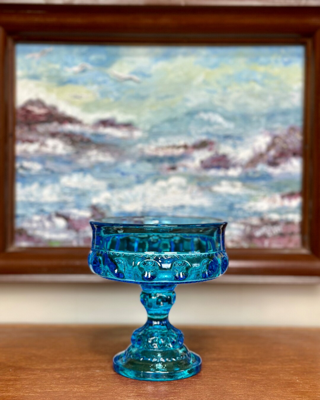 Vintage Blue Goblet Compote Kings Crown Pedestal Bowl Vintage Blue ...