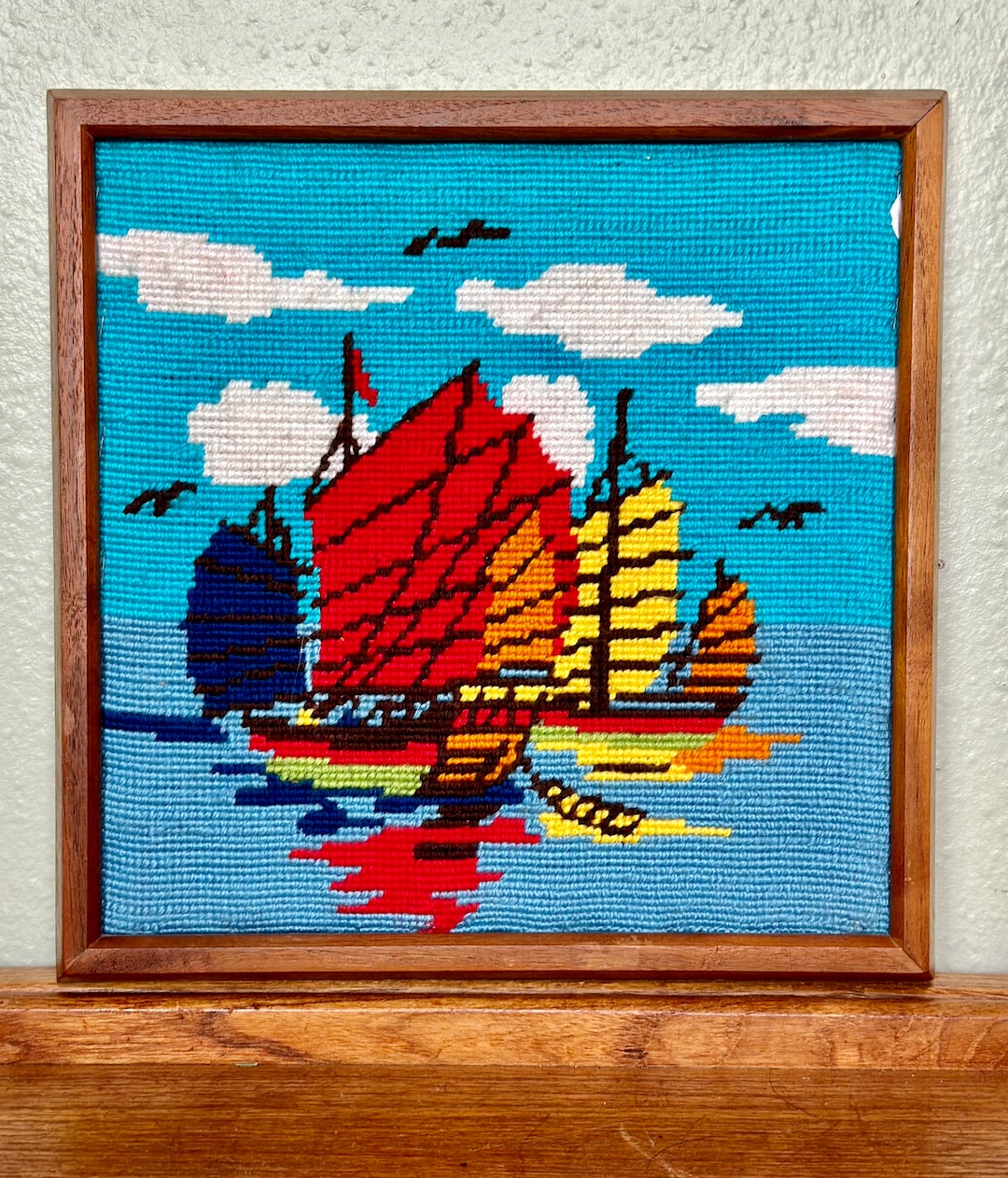 Vintage Needlepoint Boats Colorful Small Needlepoint Ocean Scene Crewel ...