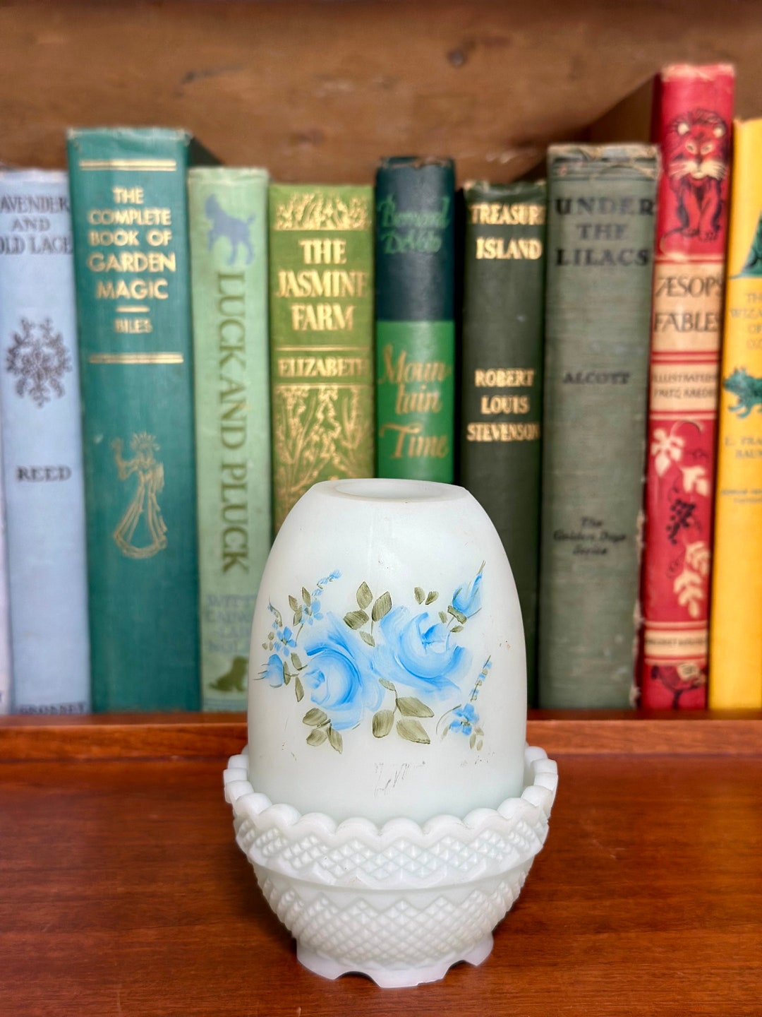 Vintage Fenton Satin Hand Painted Fairy Lamp Fenton Lamp Painted by V ...
