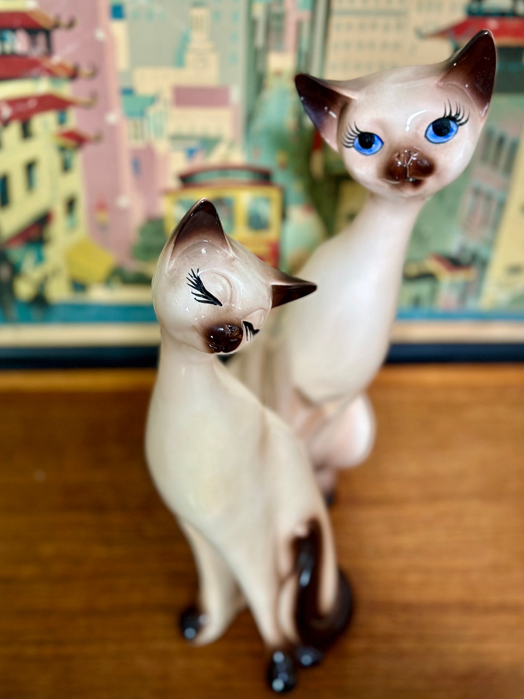 Pair Mid Century Mid Long Neck Cats Vintage Ceramic Big Eye Cat Vintage ...