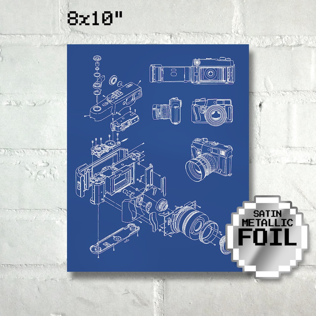 Camera Exploded Diagram Silver Foil Print - Blueprint Wall Art - Etsy