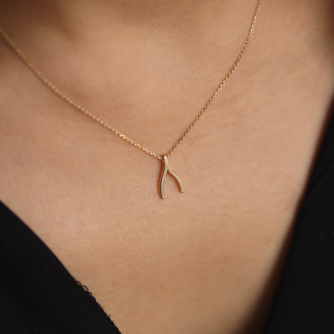 14K Gold Wishbone Necklace, 14K Gold Wishbone Pendant Necklace ...