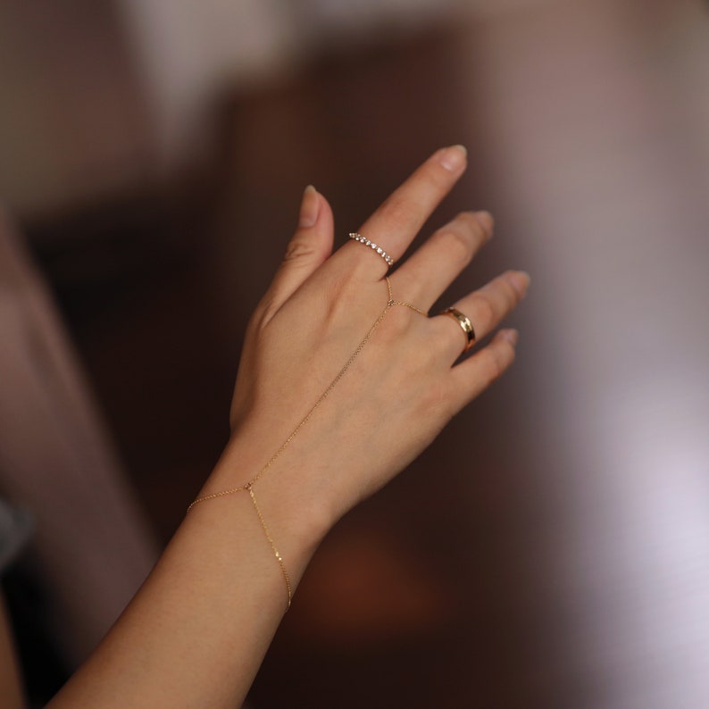 Rolo Chain Ring Bracelet Gold Hand Chain Bracelet 14K Solid - Etsy