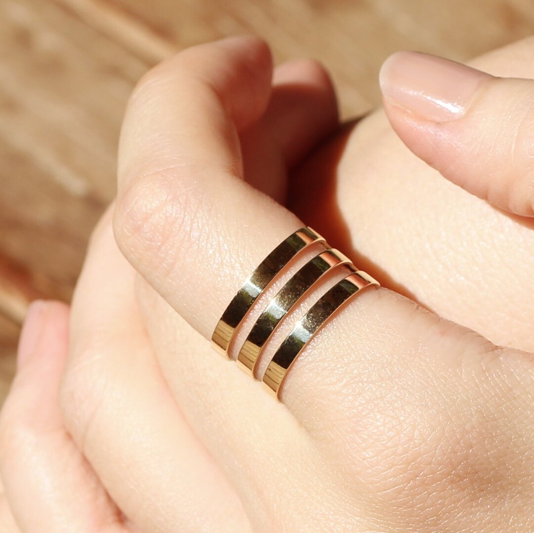 Wide Flat Triple Band Band, 14K Solid Gold Triple Ring, 14k Gold Flat ...