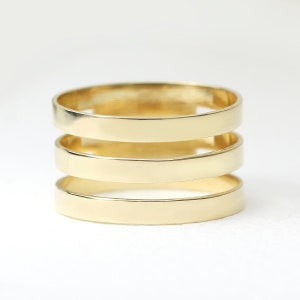 Wide Flat Triple Band Band, 14K Solid Gold Triple Ring, 14k Gold Flat ...