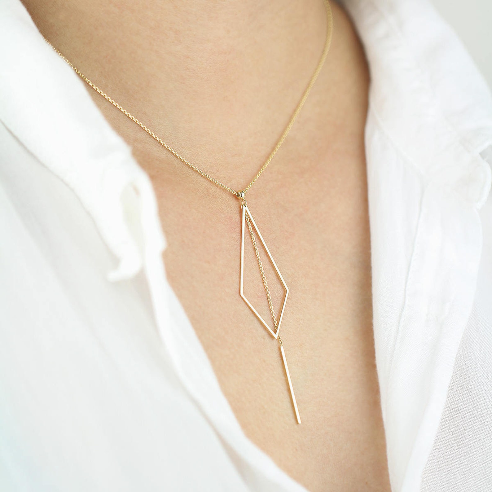 Geometric Necklace 14K Solid Gold Geometric Double Layered - Etsy