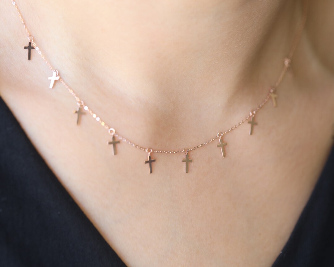 Cross Charm Necklace, Cross Charm Choker, 14k Gold Cross Charm Necklace ...