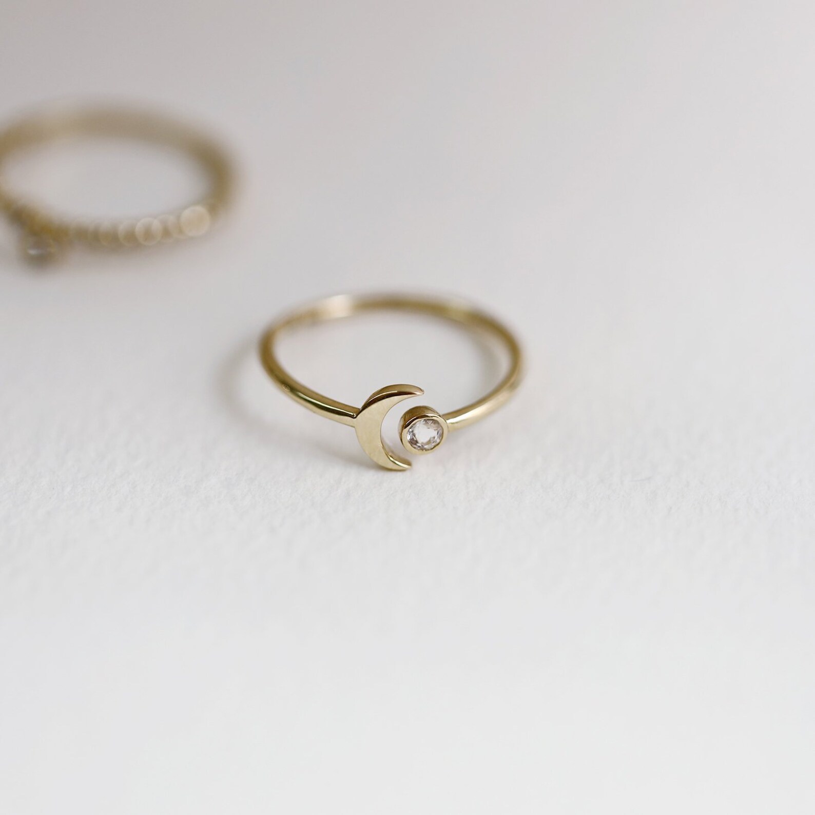 Crescent Moon Moonstone Open Ring Band, 10K 14K Solid Gold Ring Band ...