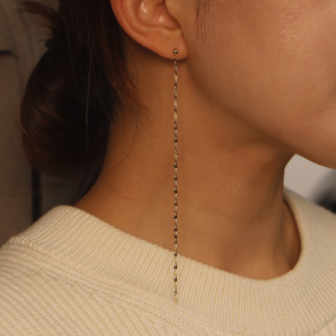 14K Solid Gold Glitter Chain Drop Dangle Earrings, Long Drop Earrings ...