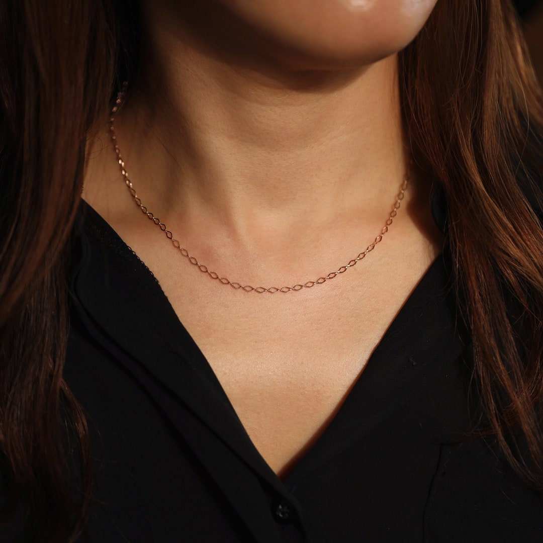 14K Gold Glitter Diamond Shape Chain Necklace, Sparkle Flat Link Chain ...