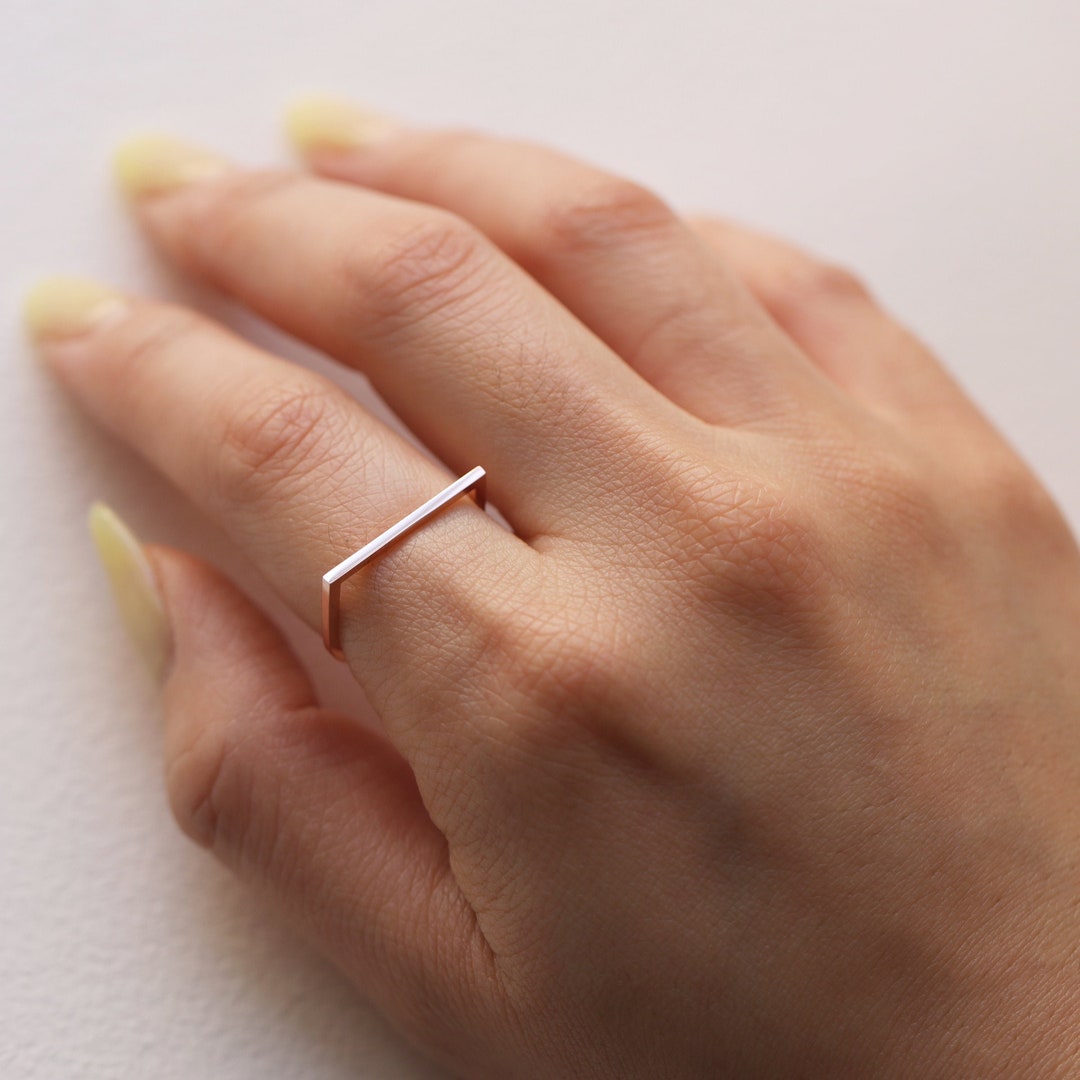 14K Solid Gold Flat Top D Shaped Ring, 14K Gold Flat Bar Ring, 14K ...