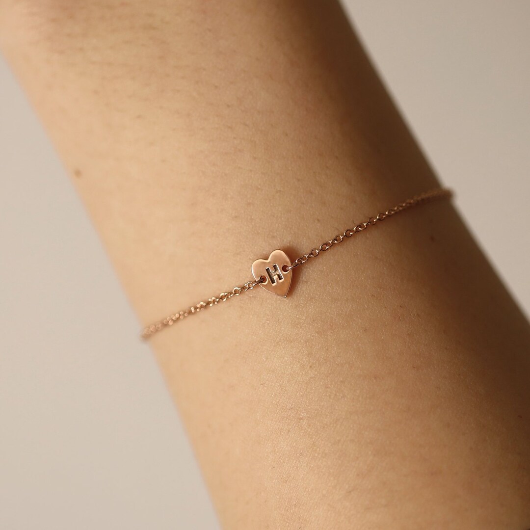 Heart Charm Bracelet, Gold Heart Bracelet, 14K Solid Gold Bracelet ...