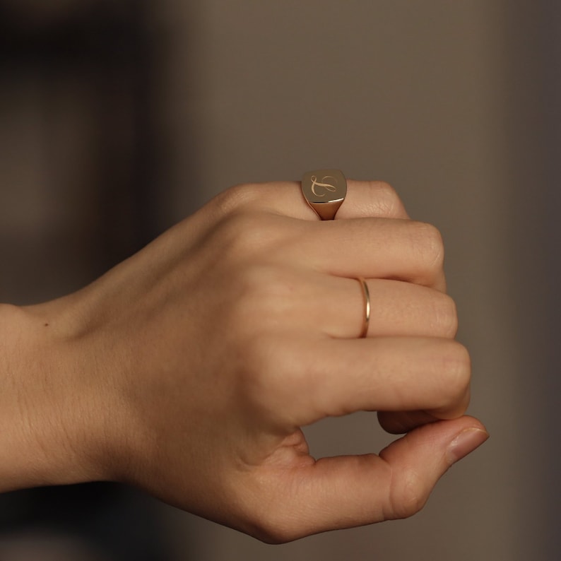 14K Gold Signet Ring, Initial Ring, Name Ring, 14K Solid Gold Signet ...