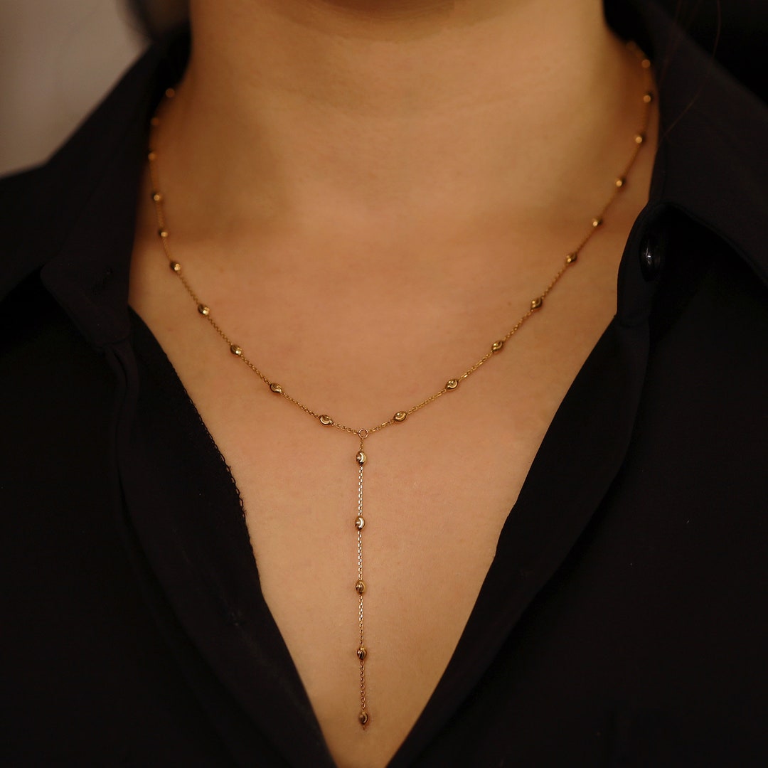 14K Gold Bead Chain Y Drop Necklace, Beads by the Yard Y Drop Necklace ...