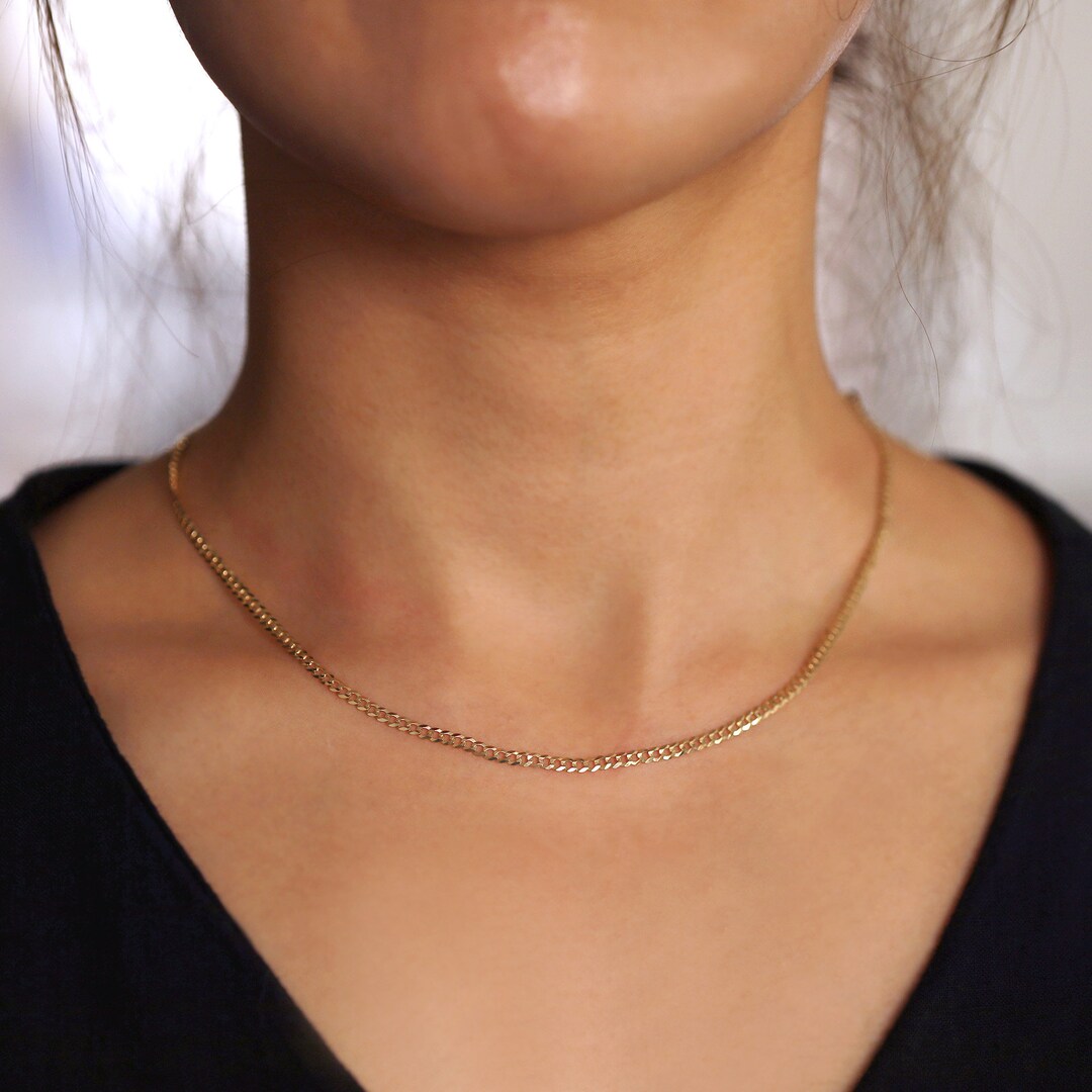 14K Gold Flat Cuban Chain Necklace, Flat Link Chain Gold Necklace ...