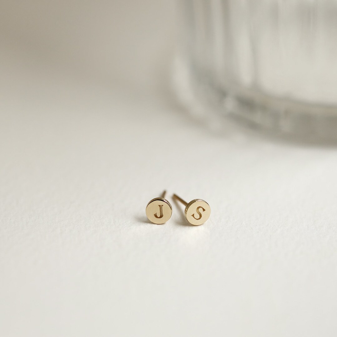 14K Initial Earrings, Monogram Studs, Solid Gold Personalized Earrings ...