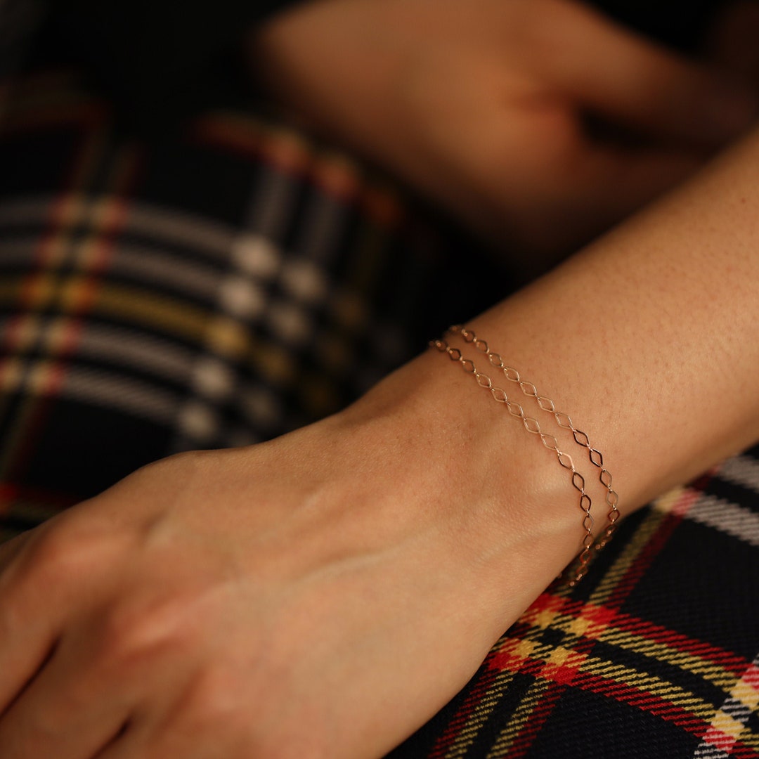 14K Gold Glitter Diamond Shape Chain Bracelet, 14K Double Stranded ...