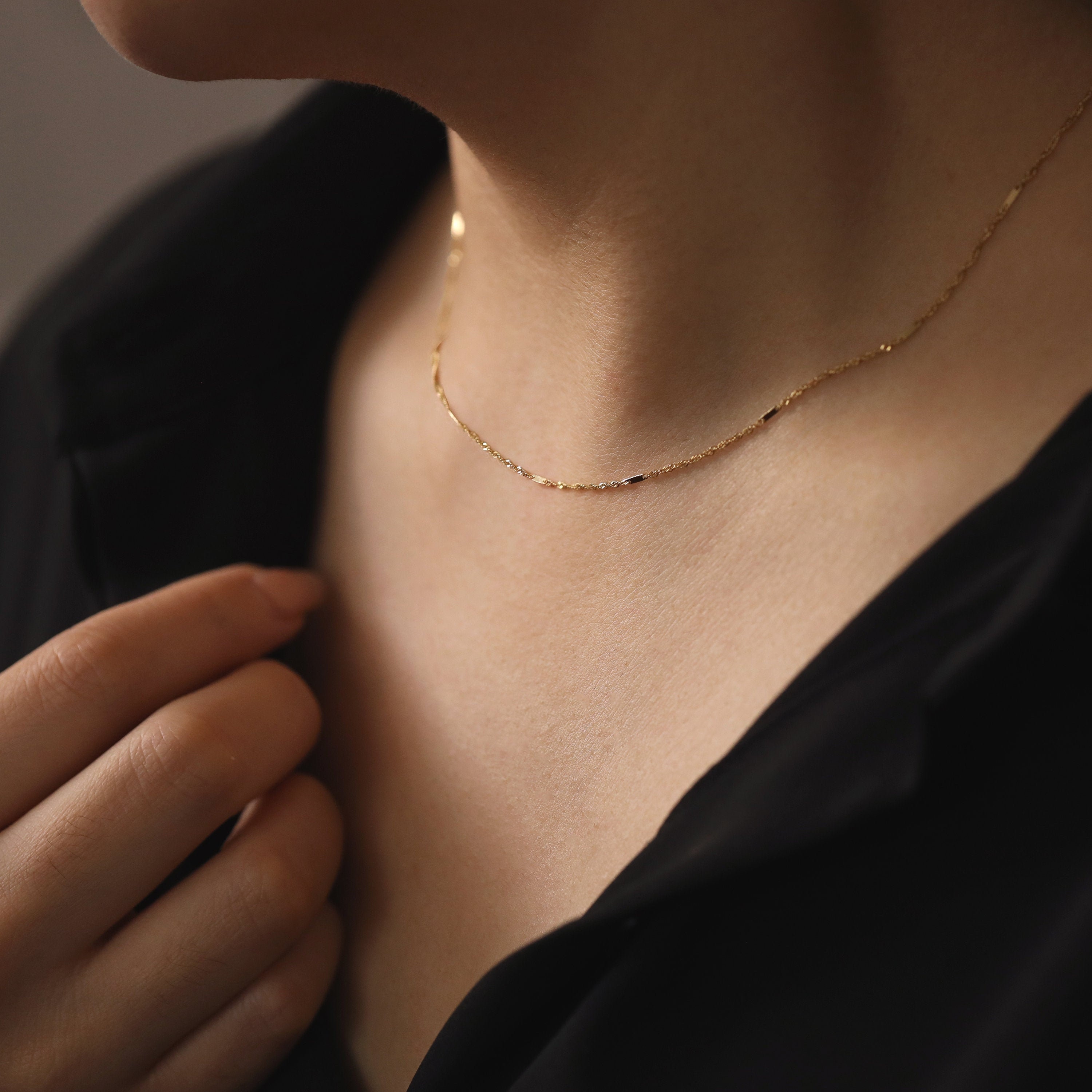 Singapore Chain With Bar Detail Gold Chain Necklace 14K - Etsy