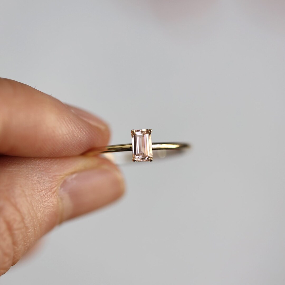Morganite Solitaire Ring, Baguette Morganite Ring, 14K Solid Gold Ring ...